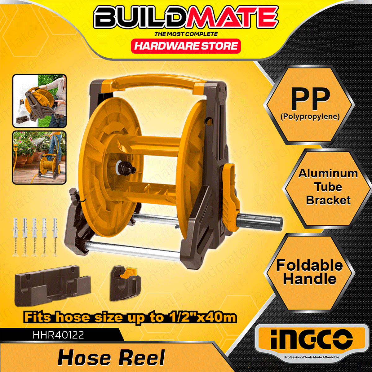 BUILDMATE Ingco Garden Hose Reel Wall-Mounted Outdoor Gardening Water ...