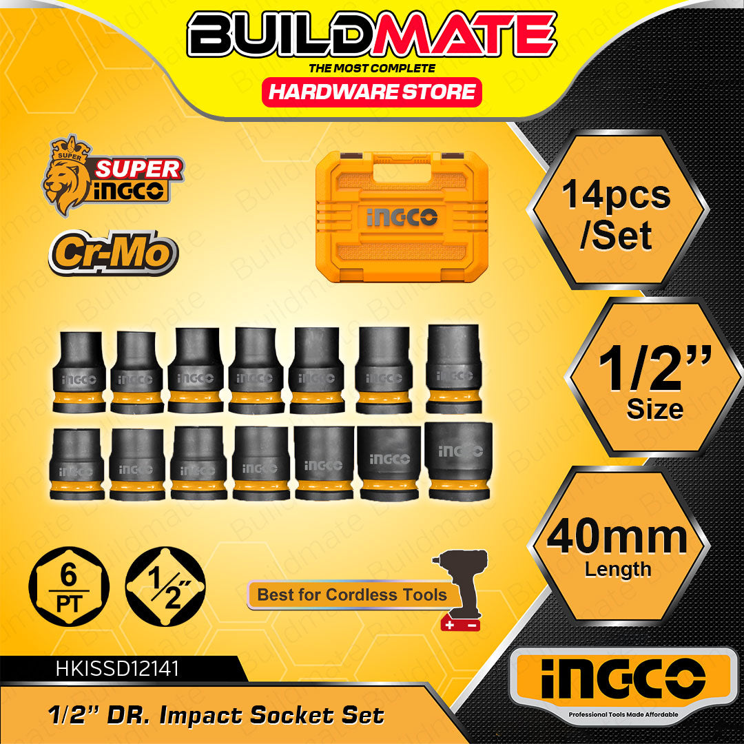 BUILDMATE Ingco 14pcs Dr. Impact Socket Set 1/2" with Case Cr-Mo Heavy ...