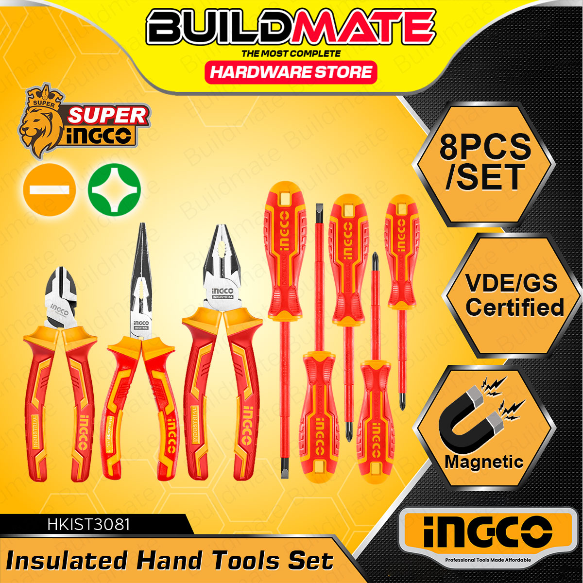 BUILDMATE Ingco 8pcs Insulated Hand Tools Set 1000V VDE Electrician Pl ...
