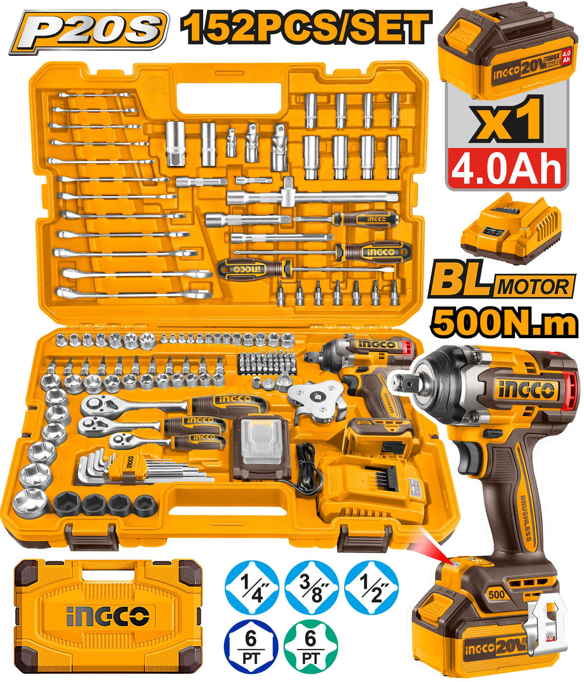 BUILDMATE Ingco 152pcs Cordless Impact Wrench Tools Set HKTHP31521 - I ...
