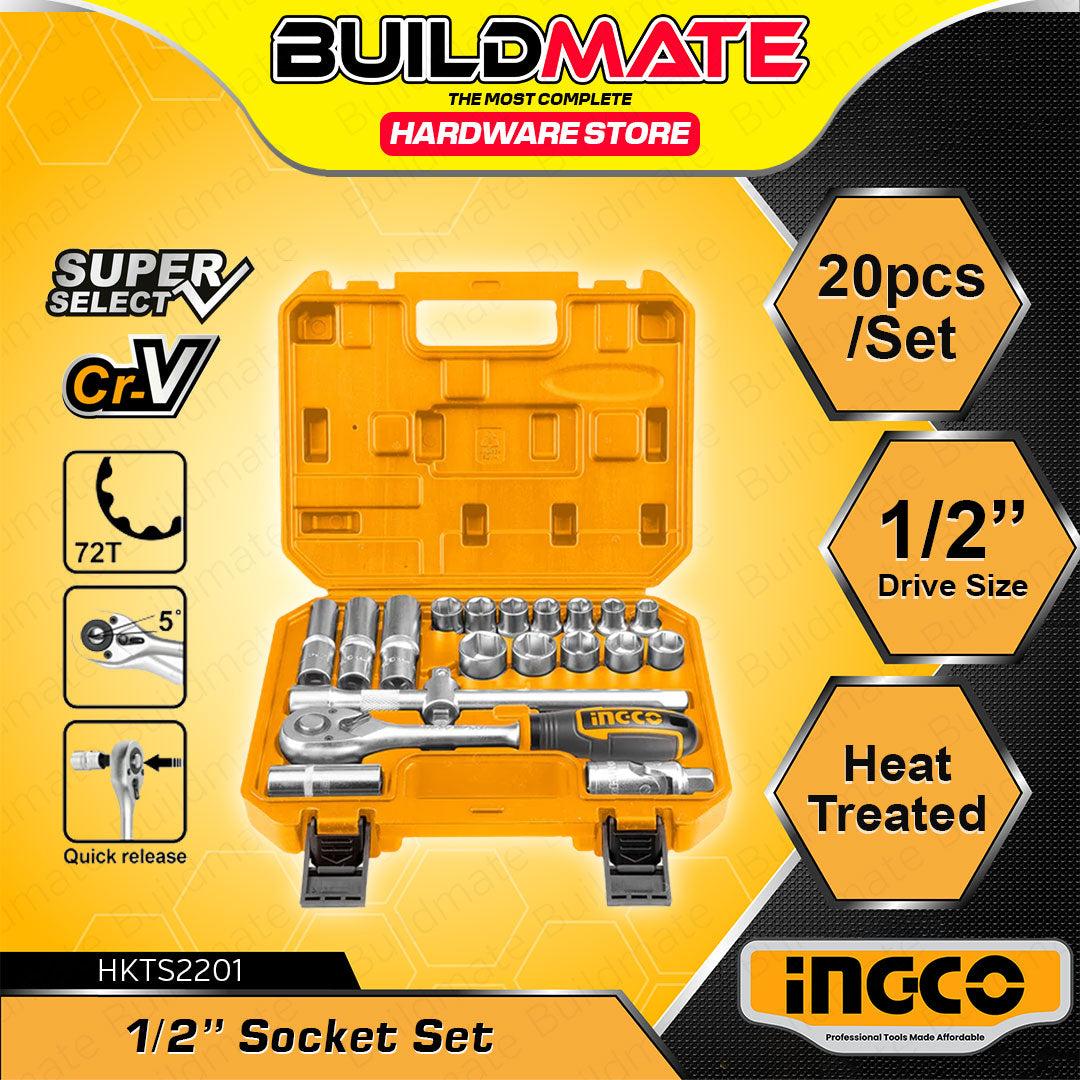 BUILDMATE Ingco 20pcs Socket Set 1/2" Inch Auto Repair Ratchet Drive W ...