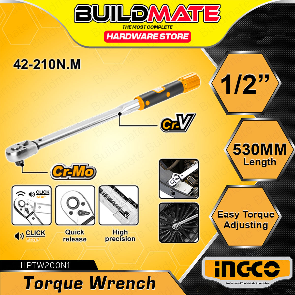 BUILDMATE Ingco 1/2" Inch Easy Adjustable Torque Wrench for Automotive ...