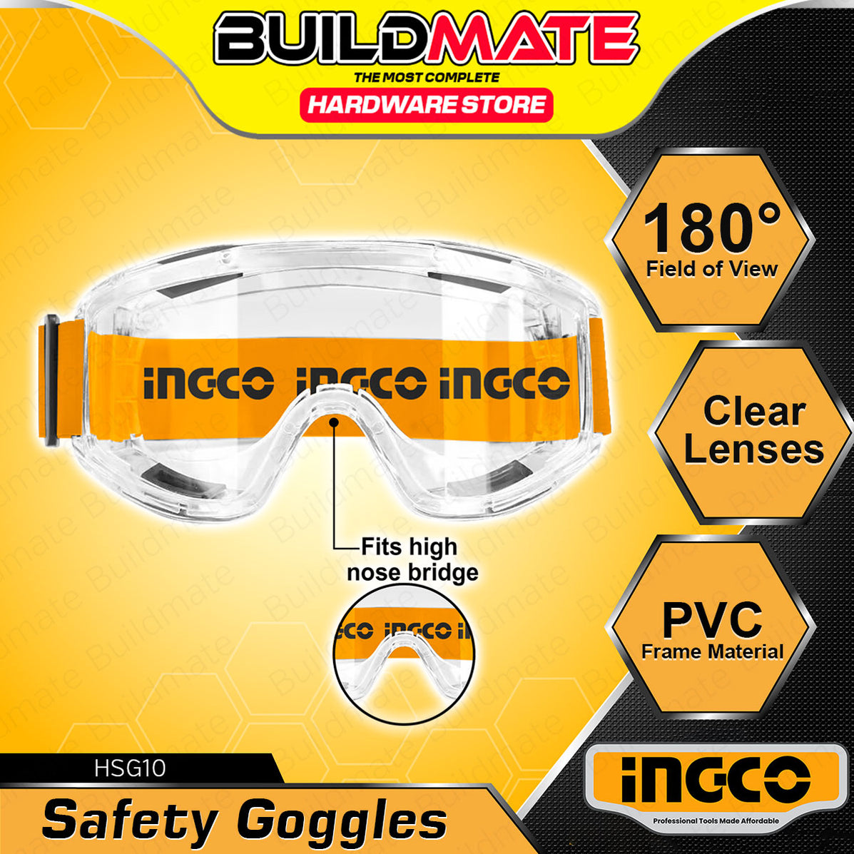 BUILDMATE Ingco Safety Goggles 180° Field of View PPE Protective Eyewe ...