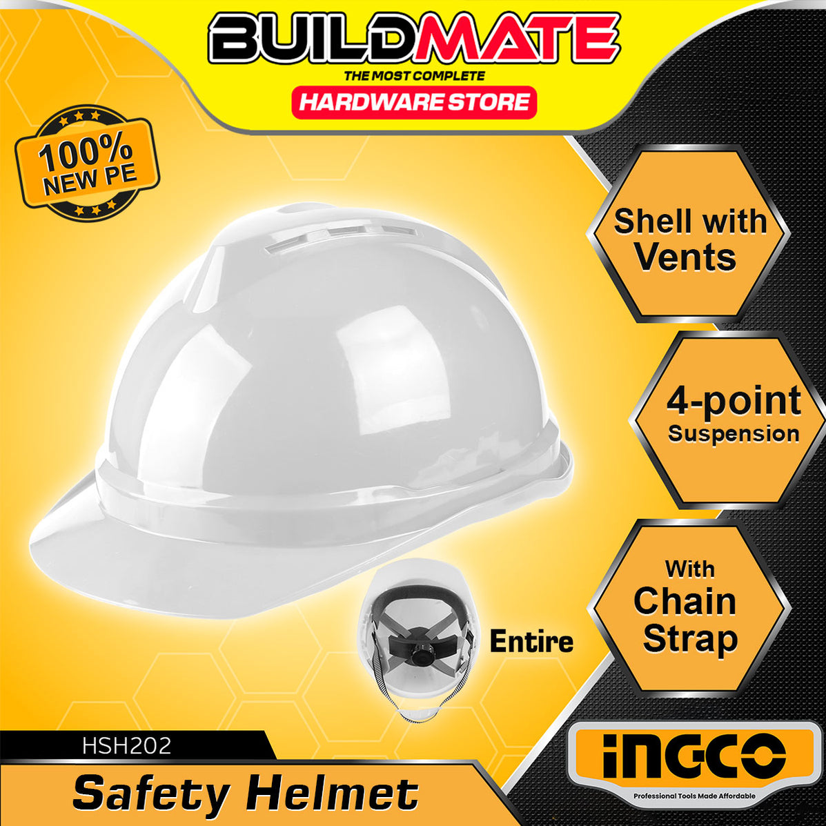 BUILDMATE Ingco Safety Helmet PE Shell with Vents White / Orange Const ...