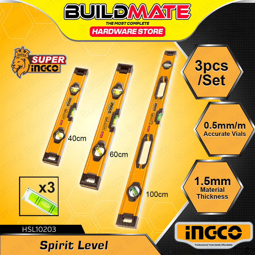 BUILDMATE Ingco 3pcs Spirit Level Set 40cm-100cm Multi-Purpose Bubble ...