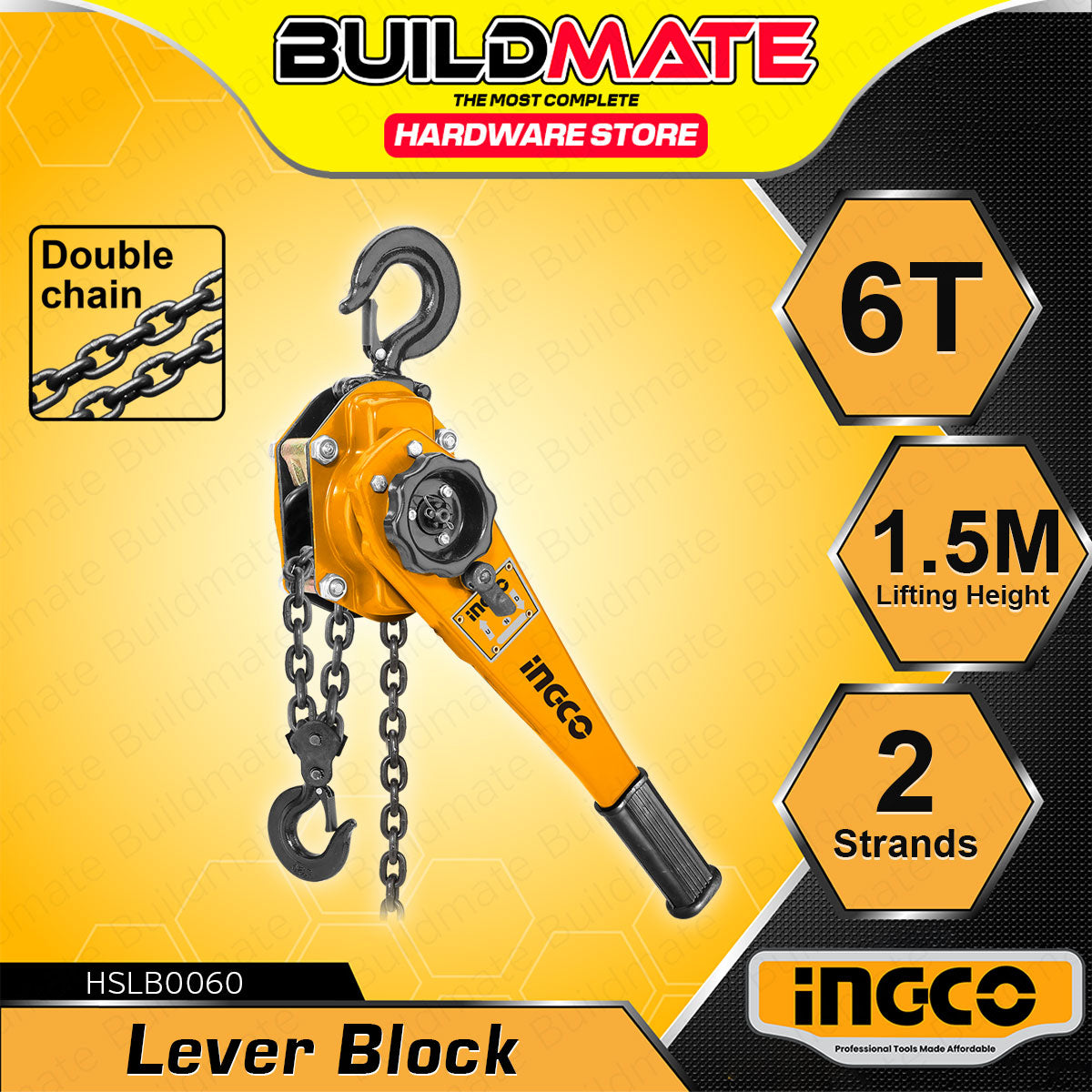 BUILDMATE Ingco Lever Block 6 Ton Manual Lever Hoist Heavy Duty Hand C ...