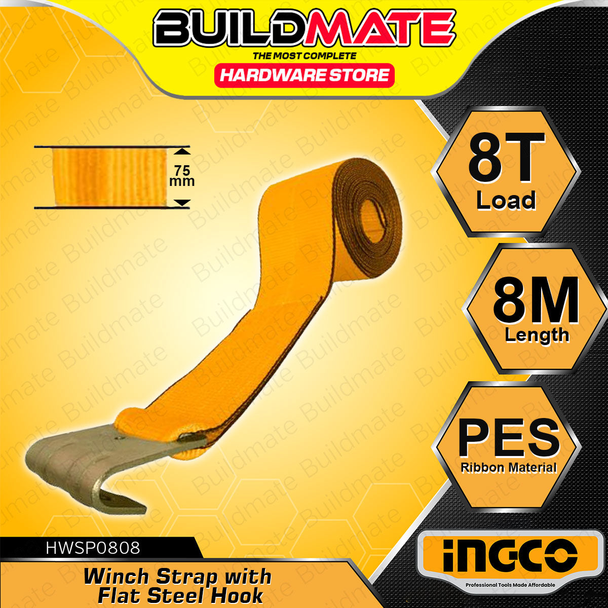 BUILDMATE Ingco Winch Strap with Flat Steel Hook for Boat, Truck, Jet ...