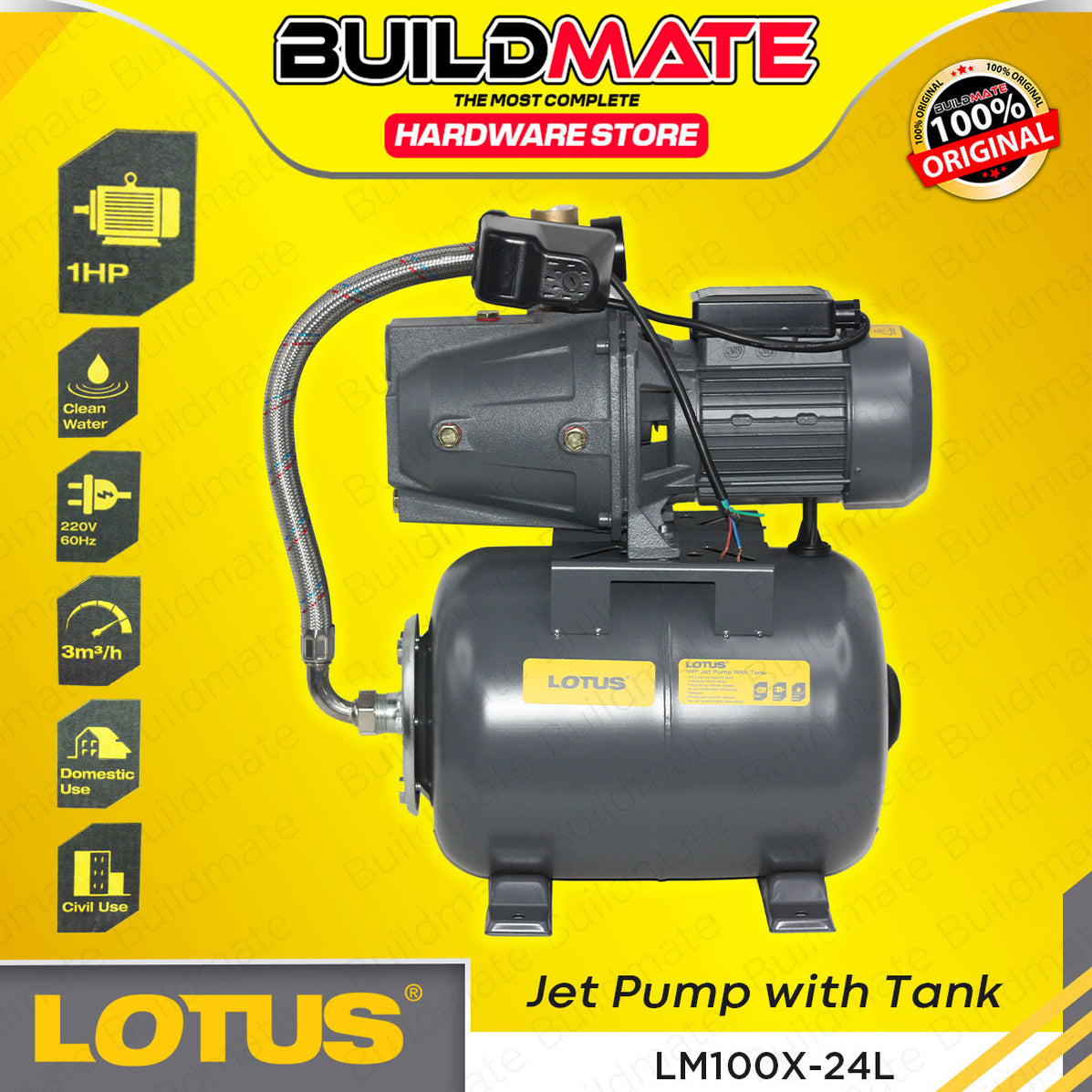 BUILDMATE Lotus 1HP Automatic Jet Pump with Tank 24L Electric Water Tr ...