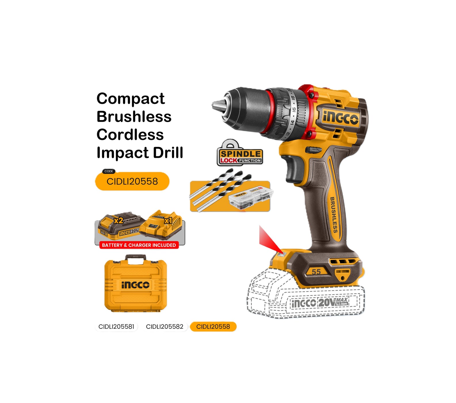 BUILDMATE Ingco 55Nm 20V Compact Brushless Cordless Impact Drill with ...
