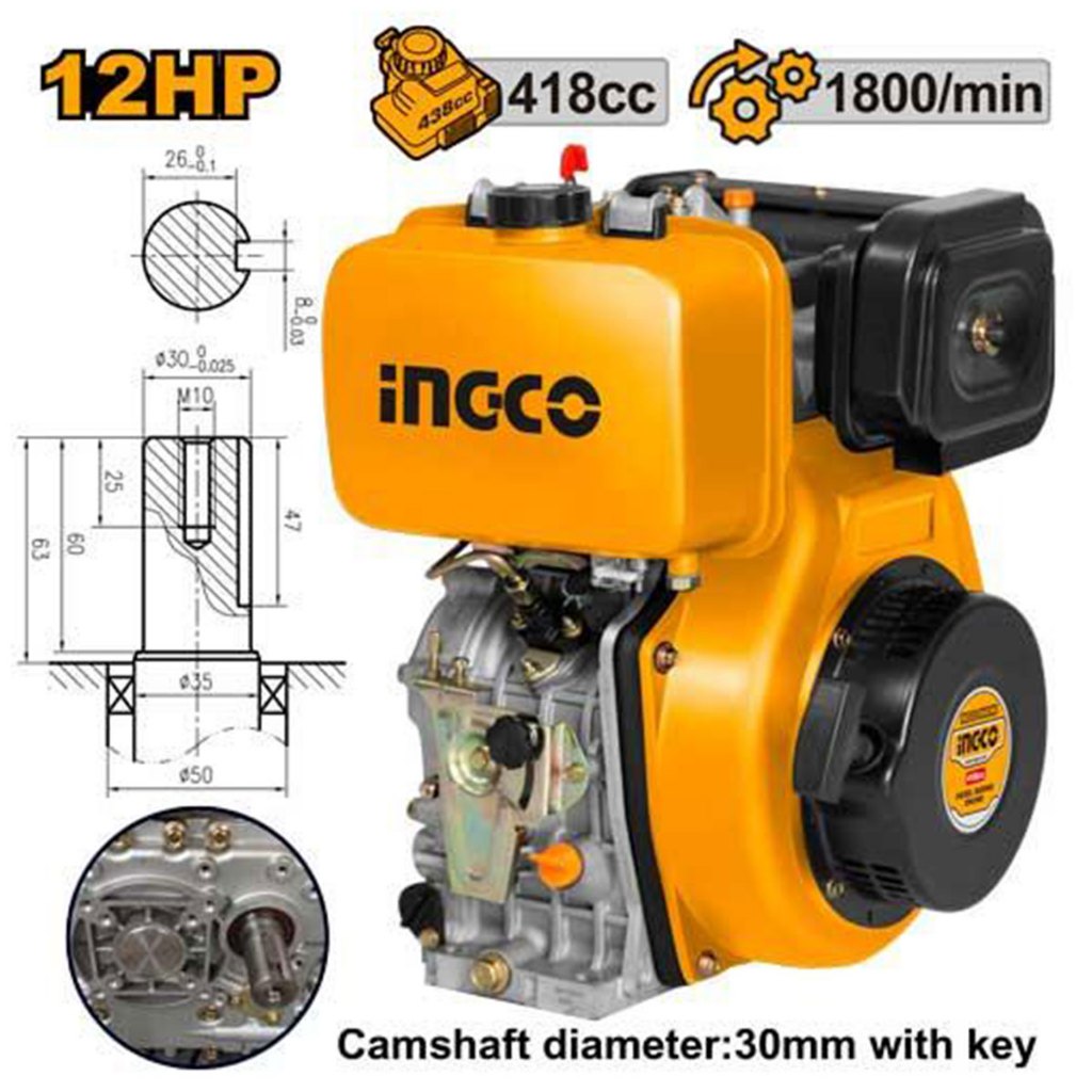 INGCO 12HP Low Speed Diesel Engine for generators, water pumps, and ag ...