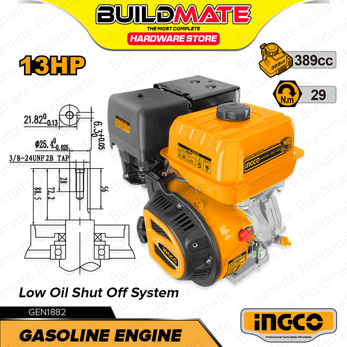 BUILDMATE Ingco 4 stroke 13.0HP Gasoline Engine Low Speed Low Oil Shut ...