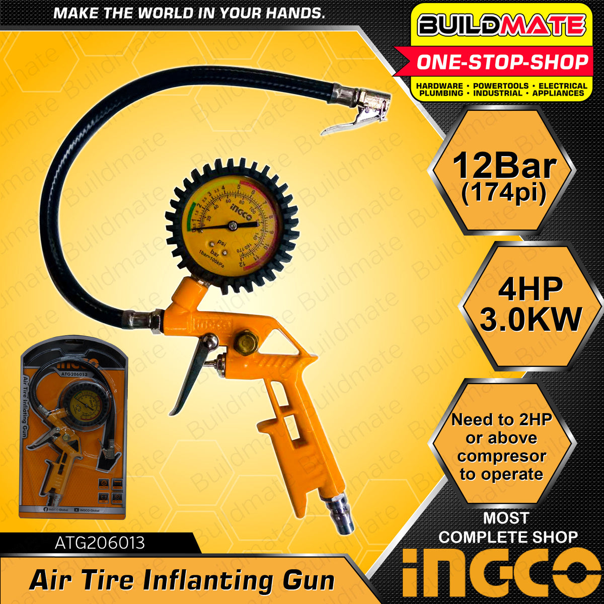 BUILDMATE Ingco Air Tire Inflating Gun 1/4" Inch 174PSI Air Inflator A ...