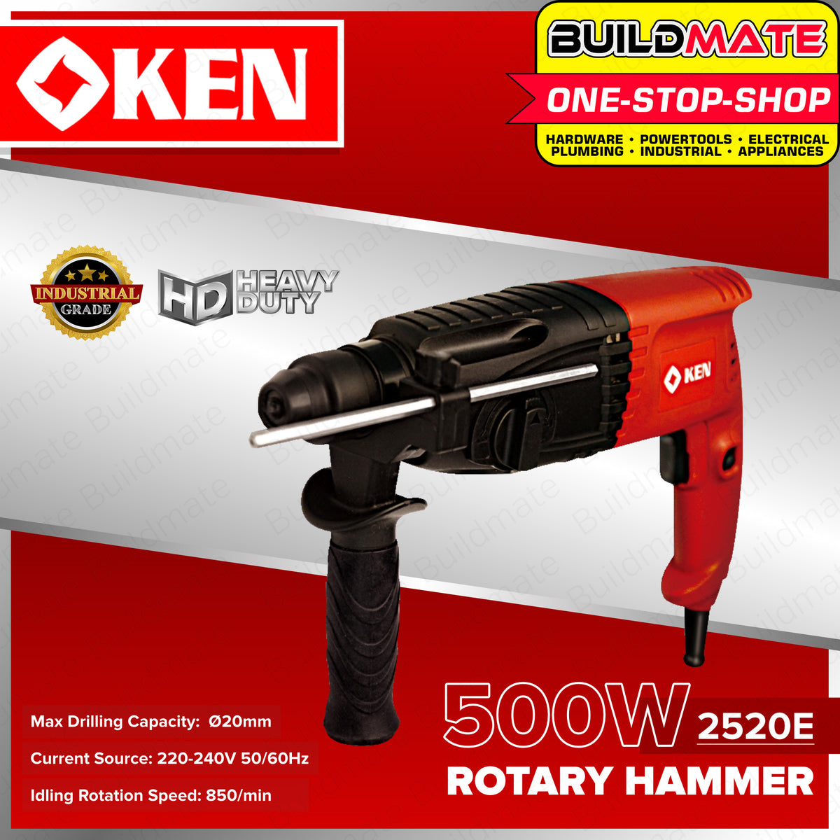 BUILDMATE Ken Industrial Heavy Duty Rotary Hammer Drill 20mm 500W Elec ...