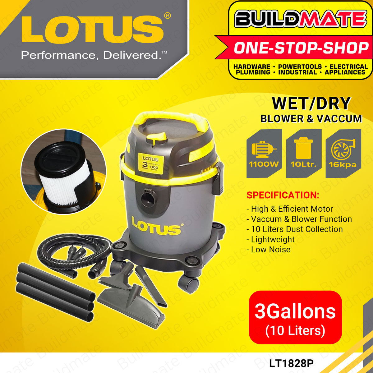 LOTUS Vacuum Cleaner Wet/Dry 3 Gallon LT1828P •BUILDMATE• LPT — Buildmate