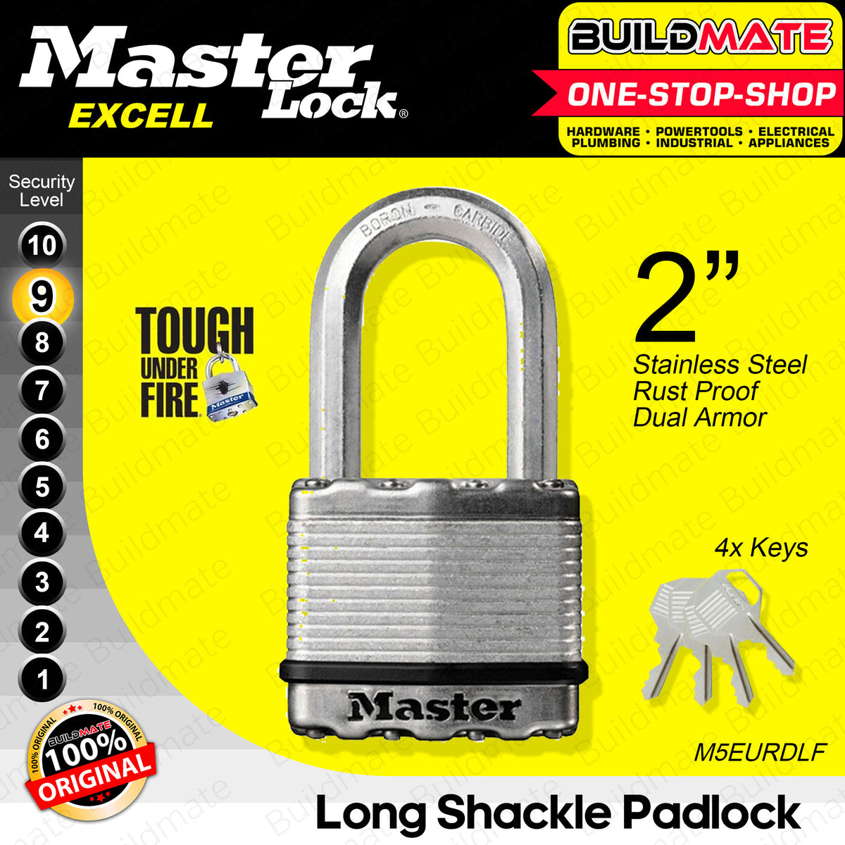 MASTER LOCK Magnum Series 50mm #M5XDLF 38MM Stainless Long Shackle Pad ...