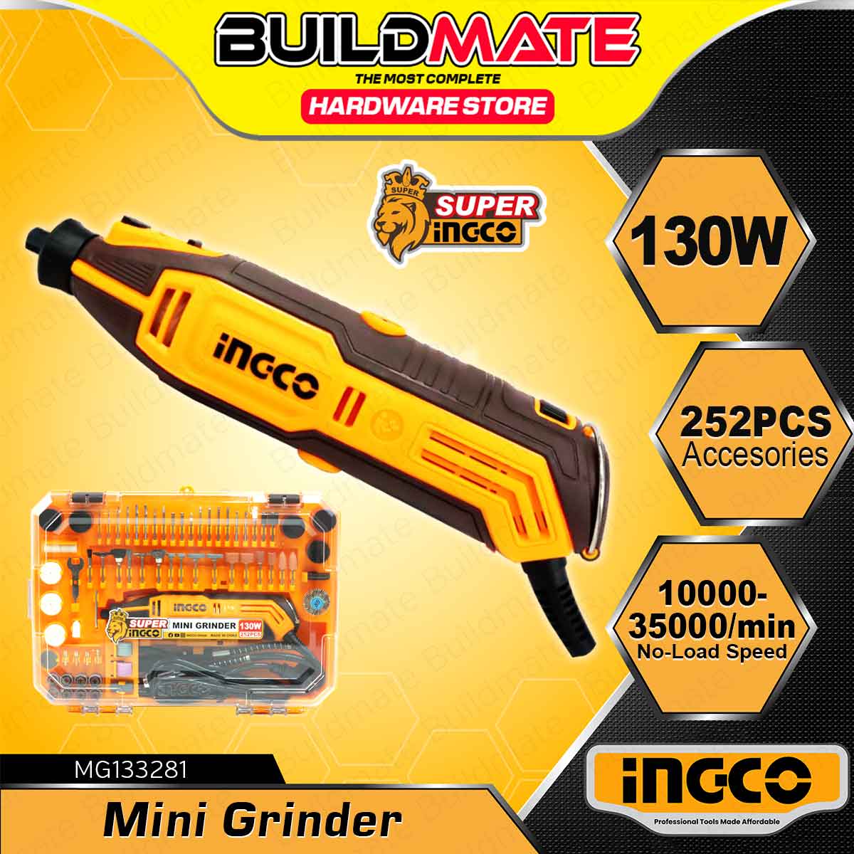 BUILDMATE Ingco Mini Die Grinder 130W with 252pcs Accessories Kit Elec ...