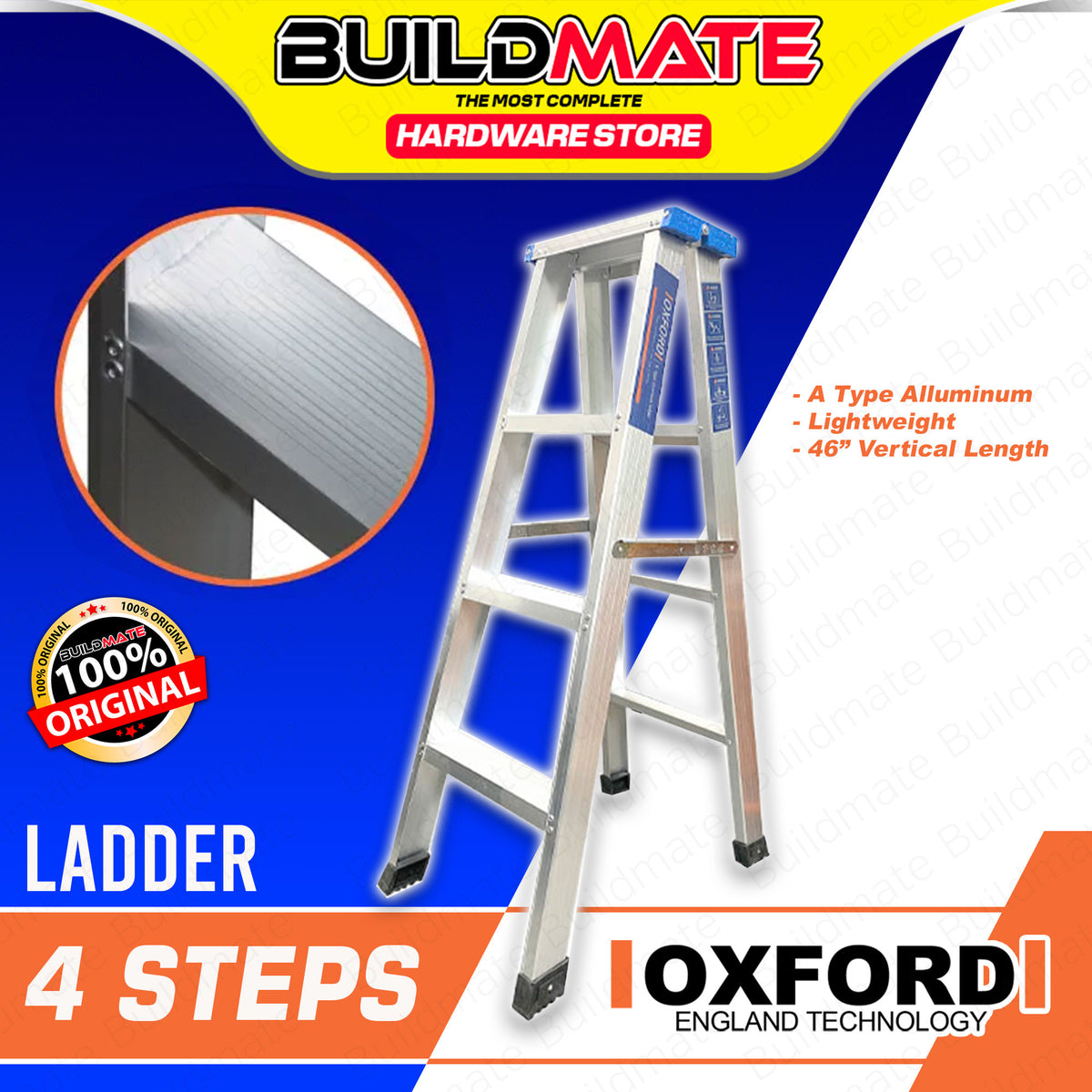 BUILDMATE Oxford England Aluminum Step Ladder 4 Steps Lightweight Heav ...