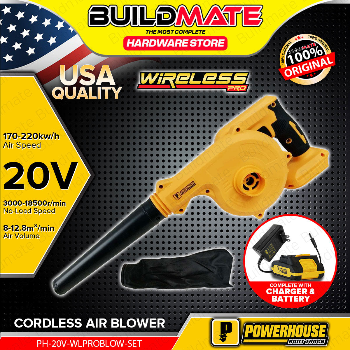 BUILDMATE Powerhouse 20V Cordless Air Blower 8-12.8m³/min Rechargeable ...