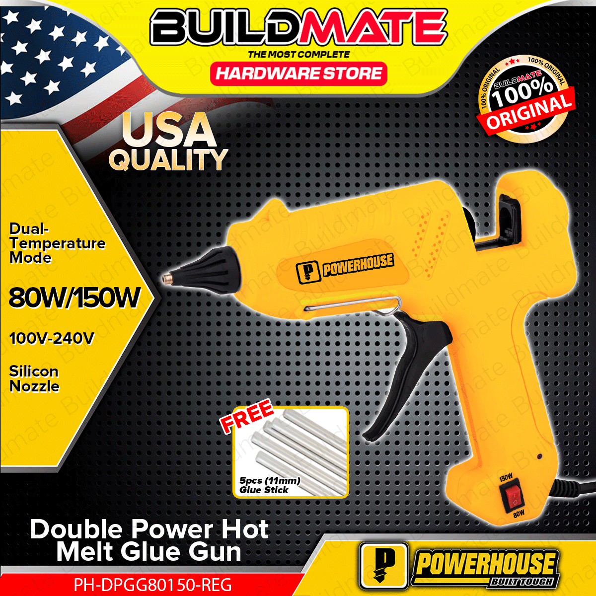 BUILDMATE Powerhouse Double Power Hot Melt Glue Gun 80W/150W with 5pcs ...