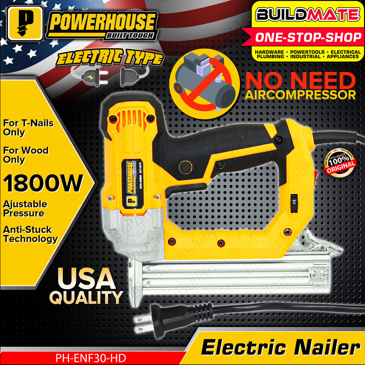 POWERHOUSE Electric Nailer Gun With Adjustable Pressure And Anti Stuck ...