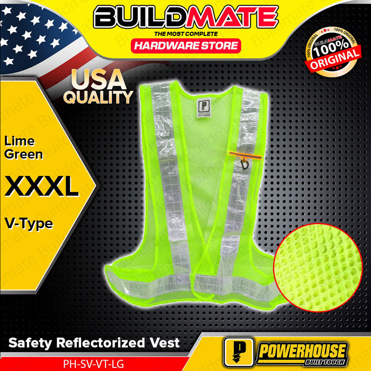 BUILDMATE Powerhouse Reflectorized Safety Vest V-Type Lime Green / Ora ...