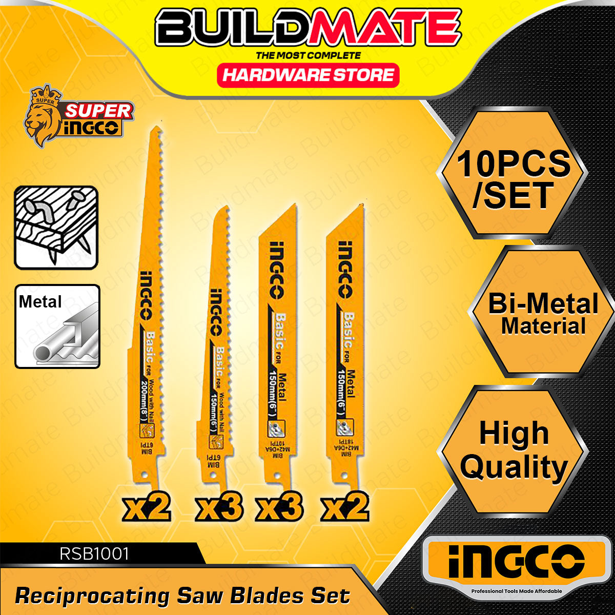 BUILDMATE Ingco Reciprocating Saw Blades Set 5pcs / 10pcs Bi-Metal Woo ...