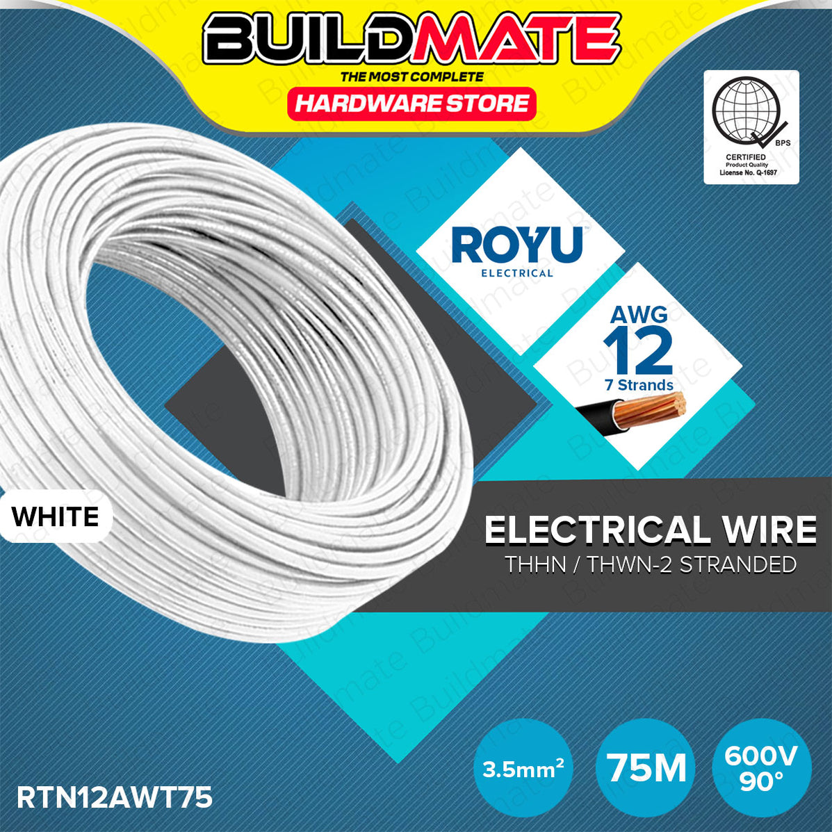 BUILDMATE Royu THHN / THWN-2 Stranded Circuit Wire Gauge 3.5mm² #12 AW ...