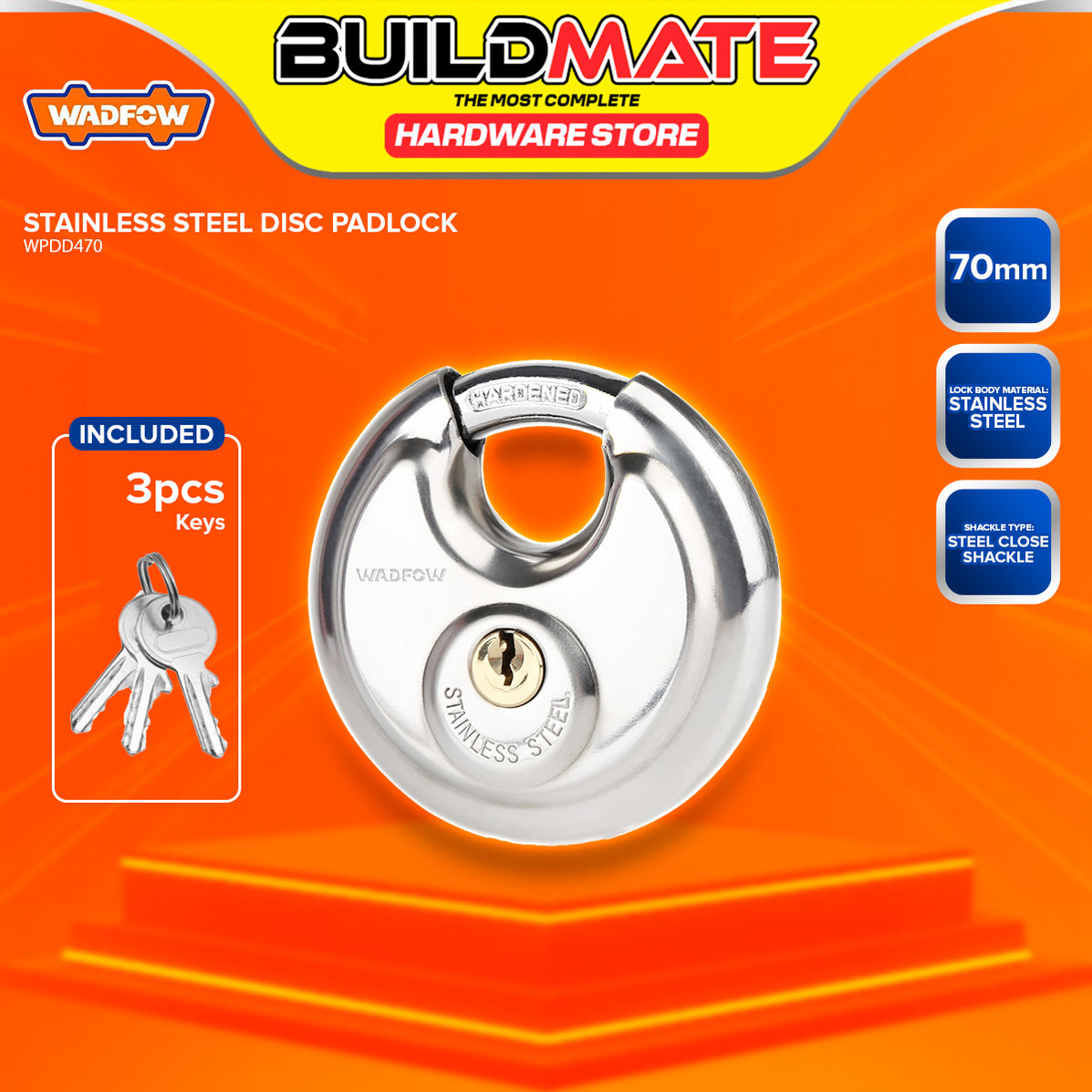 BUILDMATE Wadfow Stainless Steel Disc Padlock 70mm with 3pcs Keys Anti ...