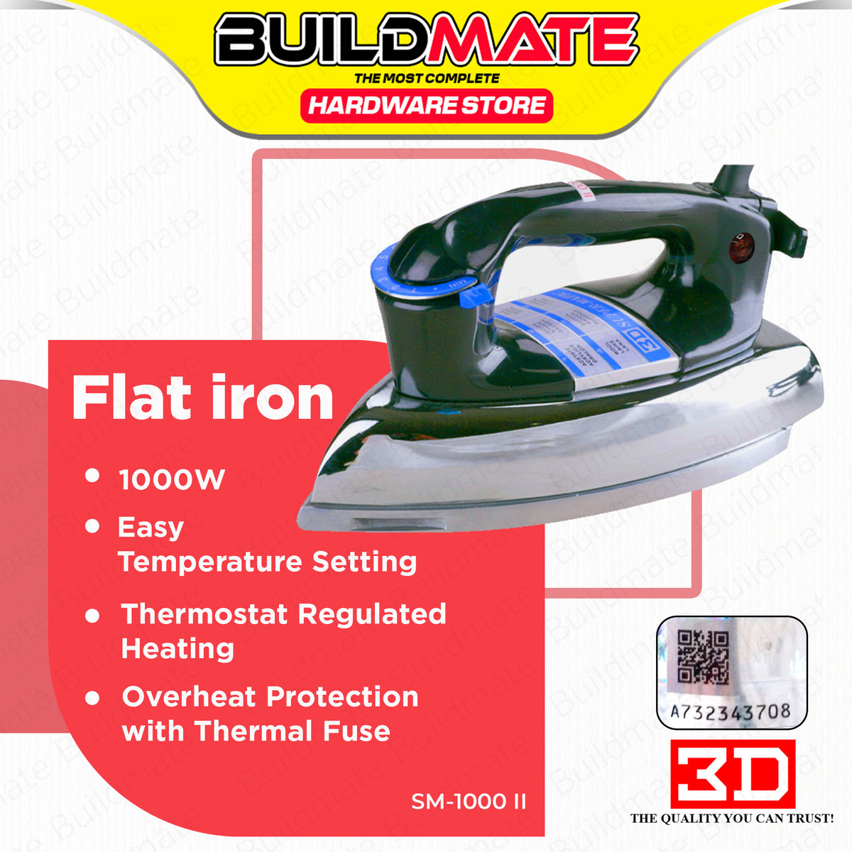 BUILDMATE 3D Electric Flat Iron 1000W SM-1000 II with Thermostat Regul ...