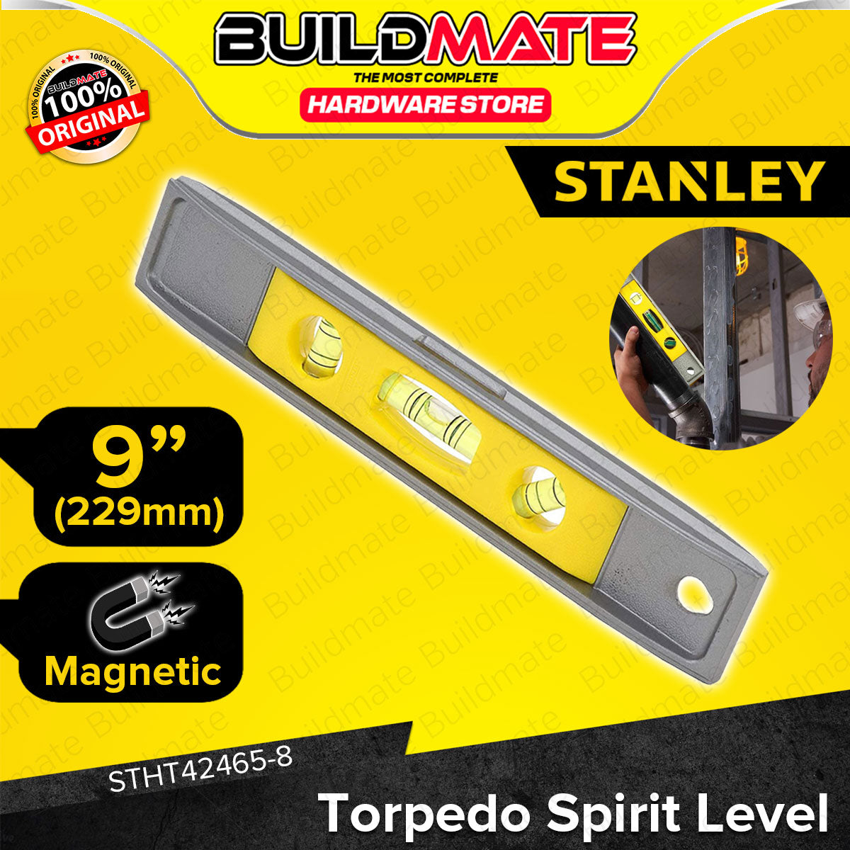 BUILDMATE Stanley Magnetic Torpedo Spirit Level 8" (200mm) / 9" (229mm ...