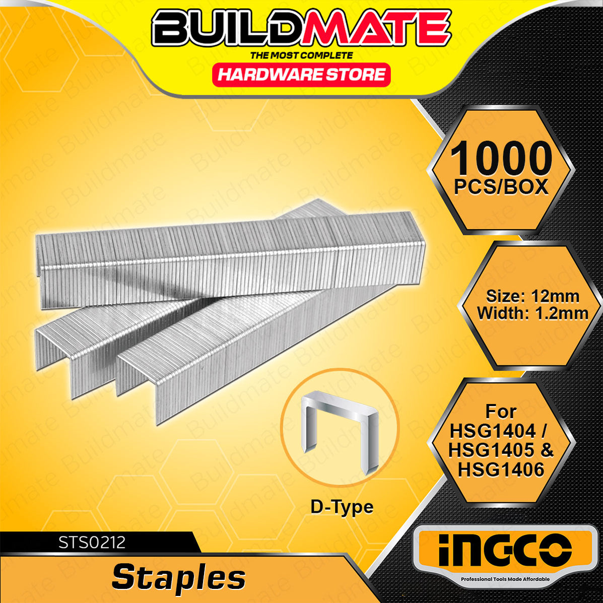 BUILDMATE Ingco 1000PCS/SET Staples Wire Heavy Duty D-Type / U-Type He ...