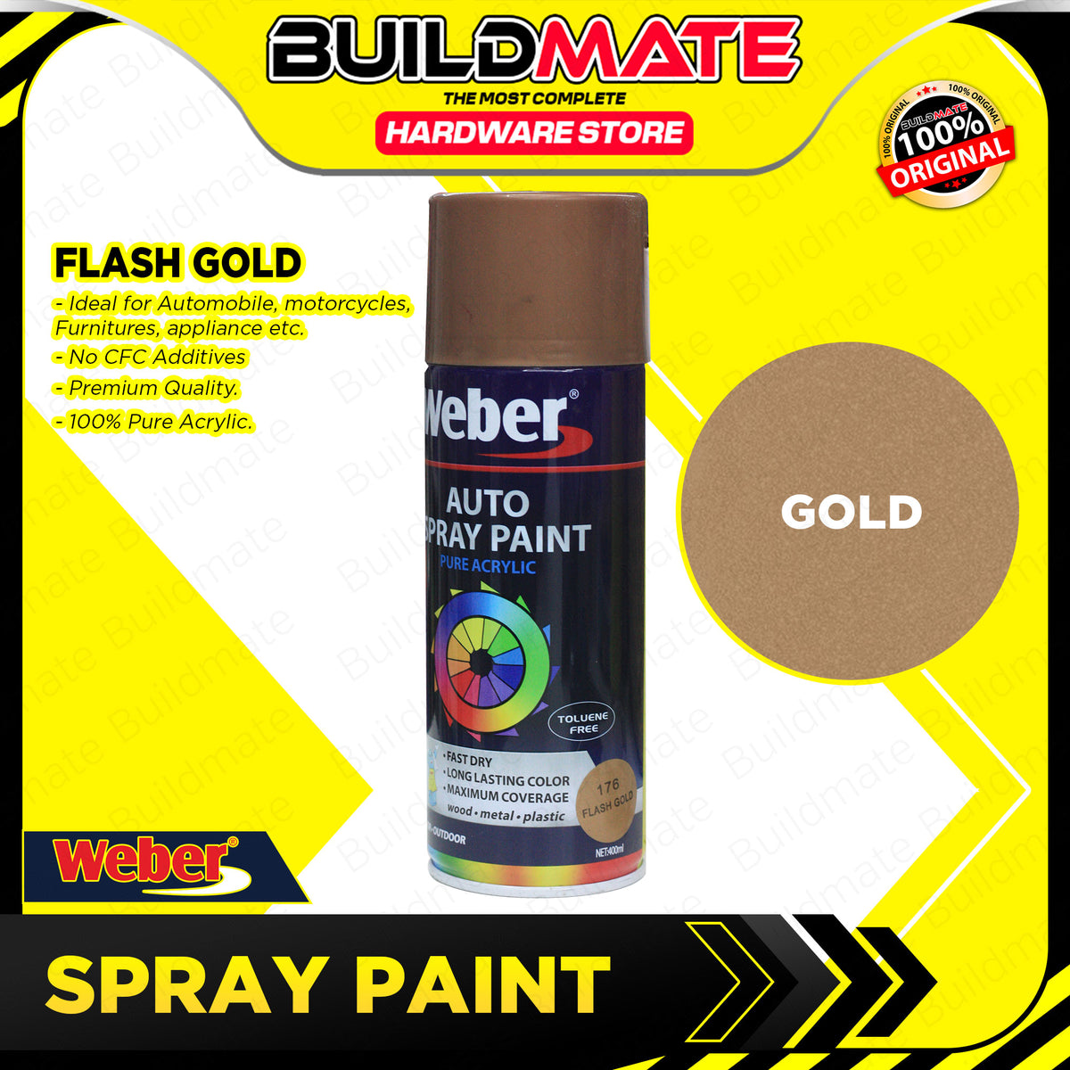 BUILDMATE Weber Auto Spray Paint 400ml FLASH GOLD Fast Drying Pure Acr ...