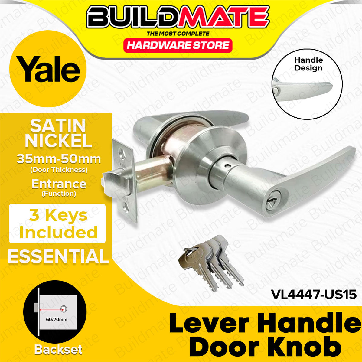 YALE Essential Series Lever Handle Entrance Lockset Door Knob Satin Ni ...