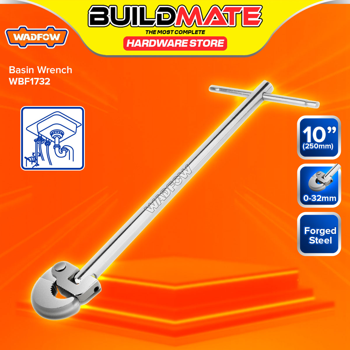 BUILDMATE Wadfow 10" Inch 250mm Basin Wrench Strong & Sturdy Wrench Ha ...
