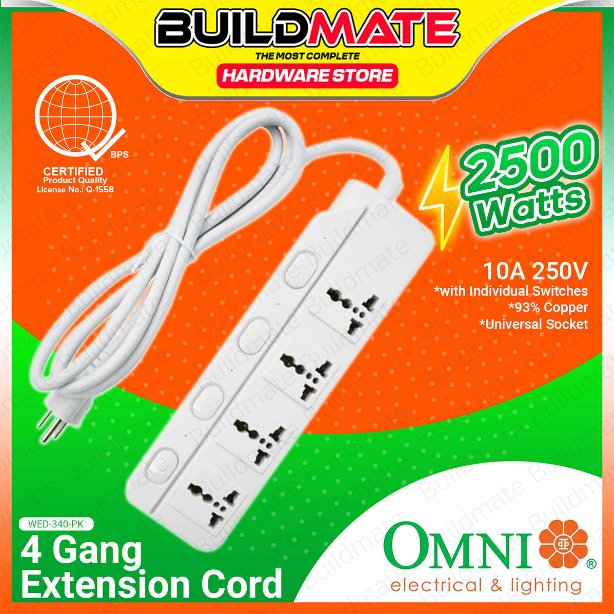 OMNI Universal Extension Cord with Individual Switch Power Strip WED34 ...