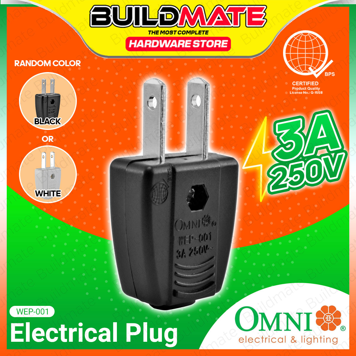 BUILDMATE Omni Electrical Plug 3A 250V RANDOM COLOR Only 2 Flat Pin Ho ...