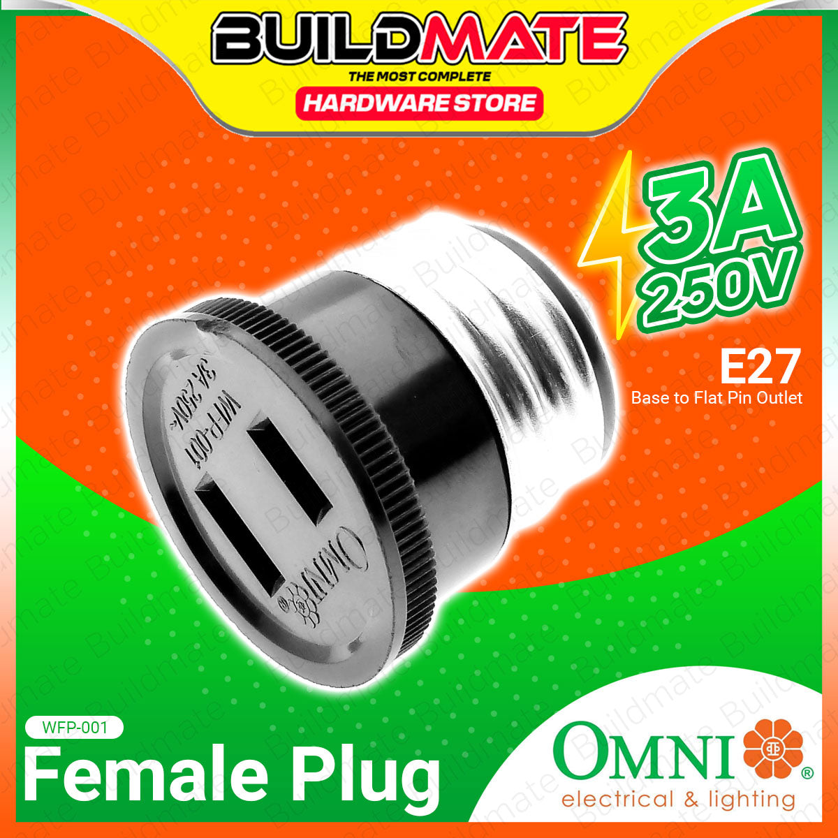 BUILDMATE Omni Female Plug 3A 250V E27 Base to Flat Pin Outlet Power P ...