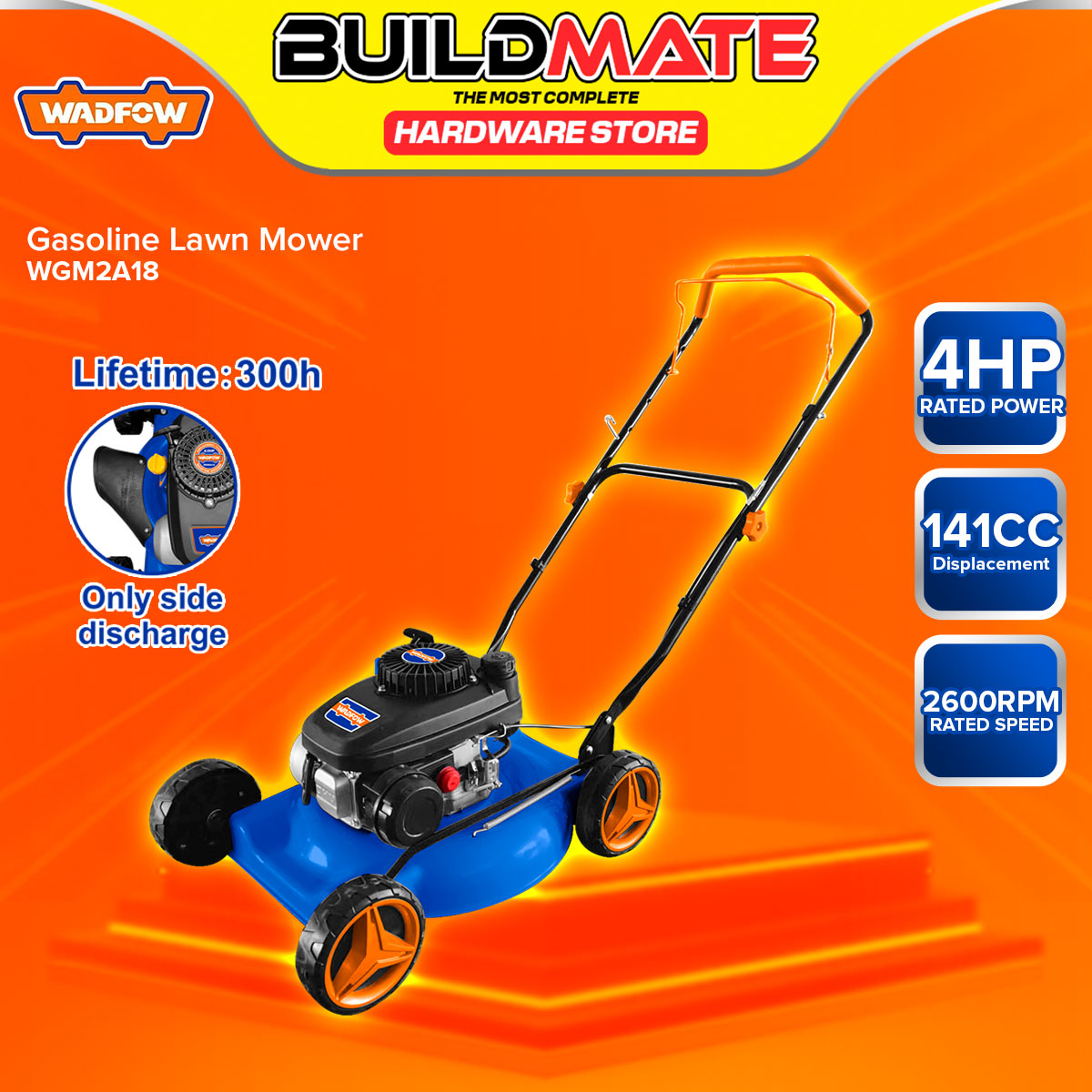 BUILDMATE Wadfow 18" Inch Gasoline Lawn Mower 3.0kW Hand Push Drive Ga ...