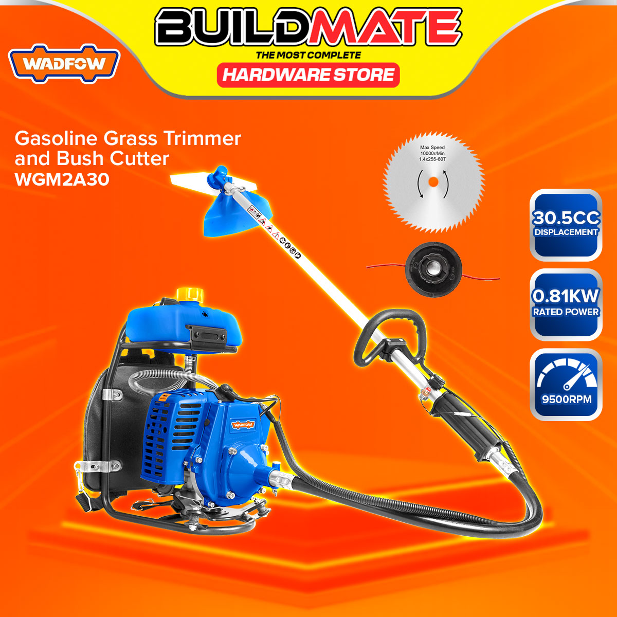 BUILDMATE Wadfow 2-Stroke Gasoline Grass Trimmer and Bush Cutter 30.5c ...