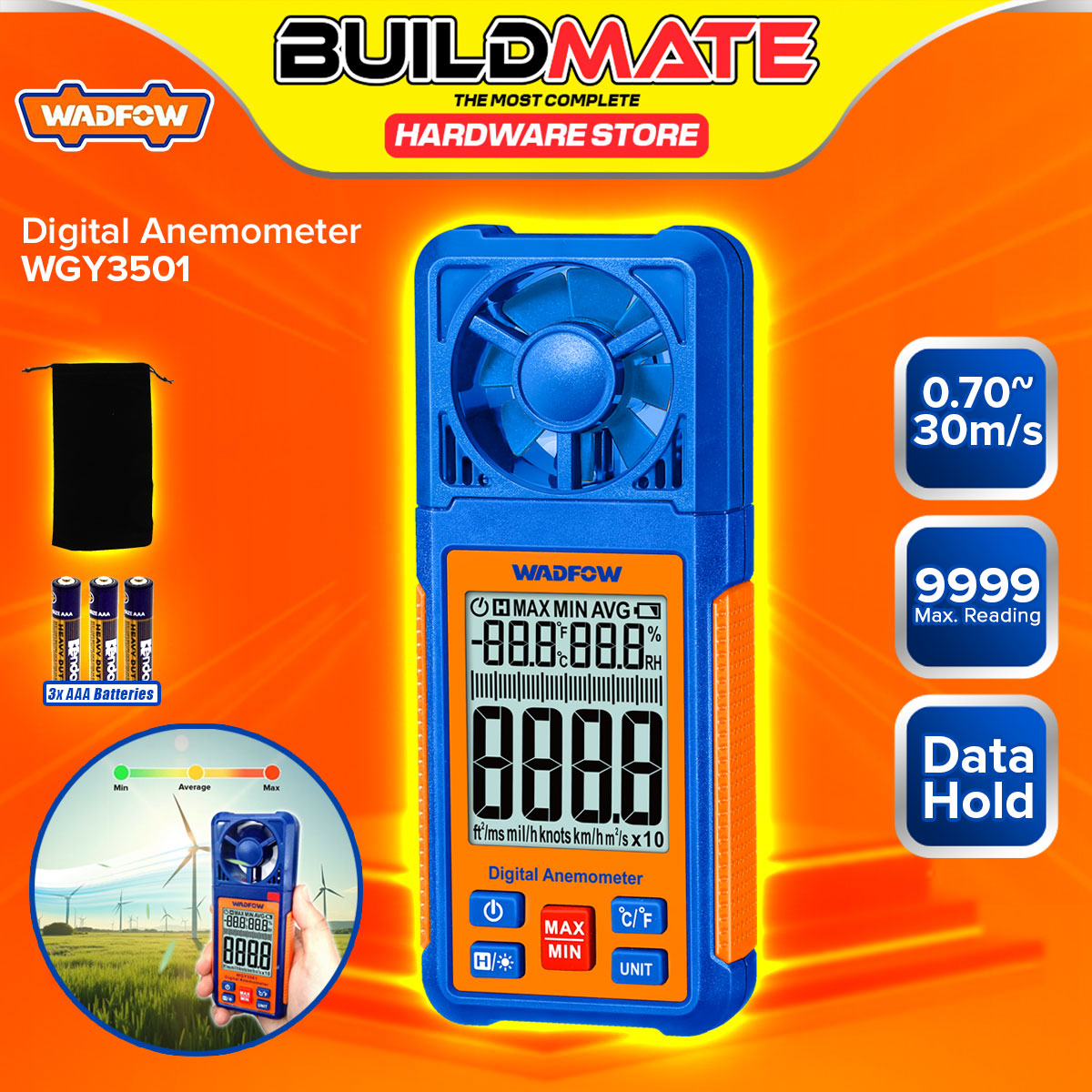 BUILDMATE Wadfow Digital Anemometer 0.70~30.00m/s Air Velocity Flow Se ...