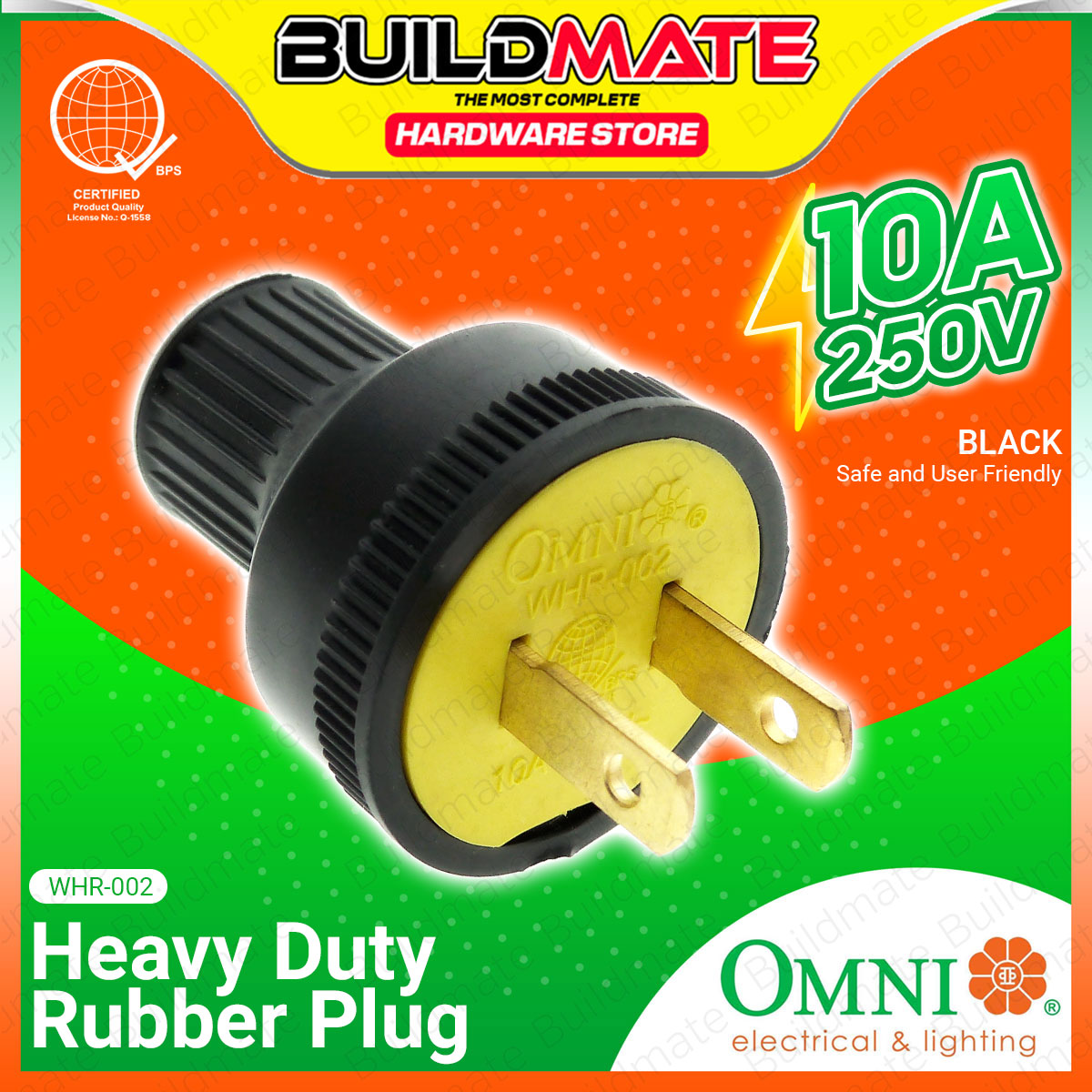 BUILDMATE Omni Heavy Duty Rubber Plug Black 10A 250V Rubberized 2 Flat ...
