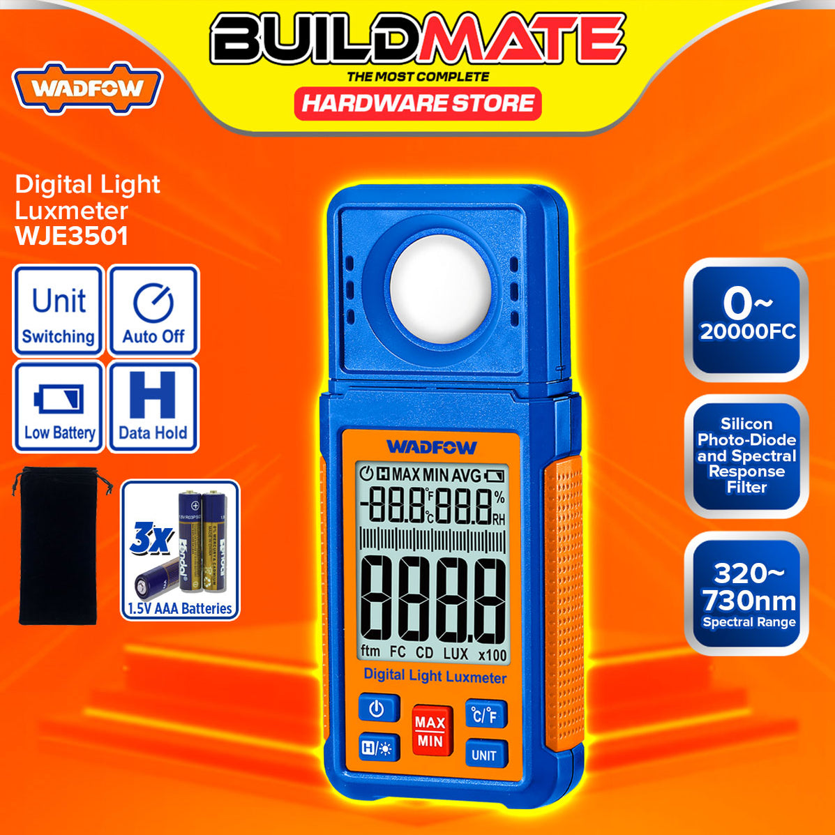 BUILDMATE Wadfow Digital Light Luxmeter 0~200000 Lux (0~20000FC) Illum ...