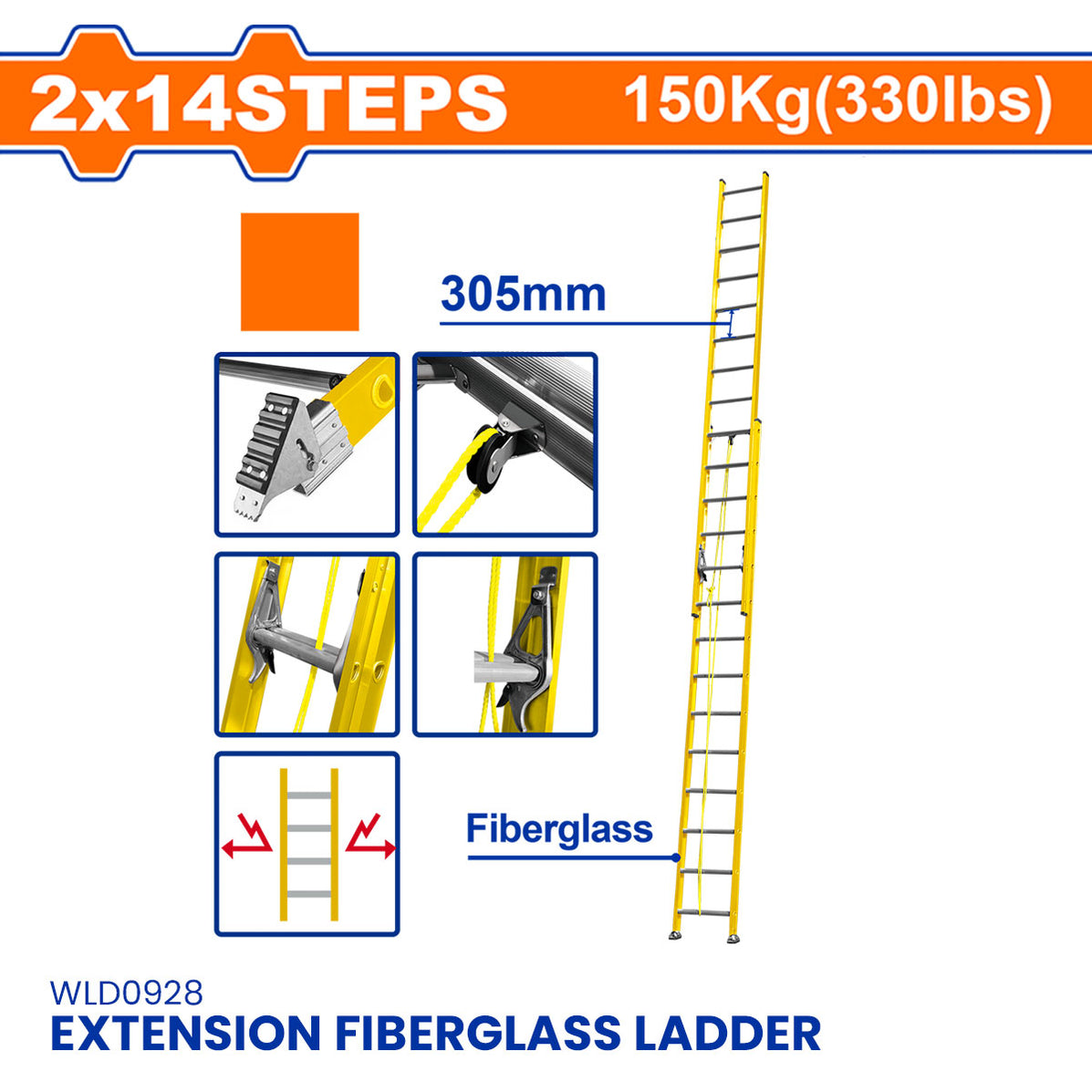 BUILDMATE Wadfow 150kg Extension Fiberglass Ladder Non-Conductive Elec ...