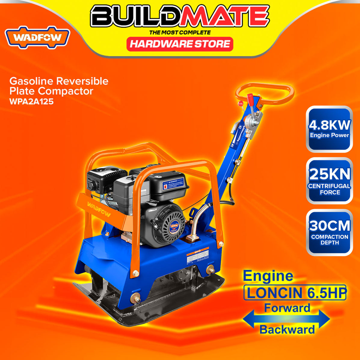 BUILDMATE Wadfow Gasoline Reversible Plate Compactor 127kg Gas Vibrati ...