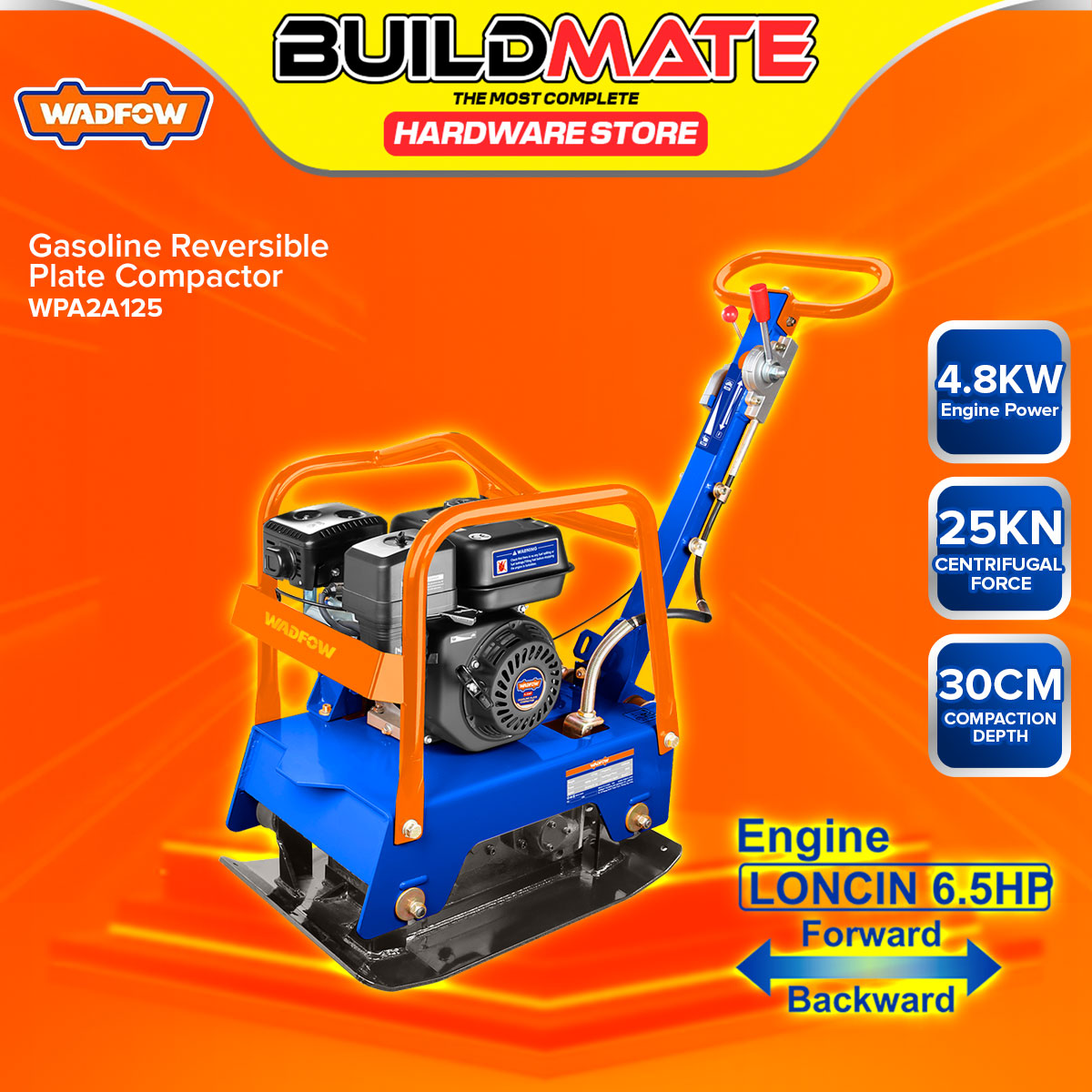 BUILDMATE Wadfow Gasoline Reversible Plate Compactor 127kg Gas Vibrati ...