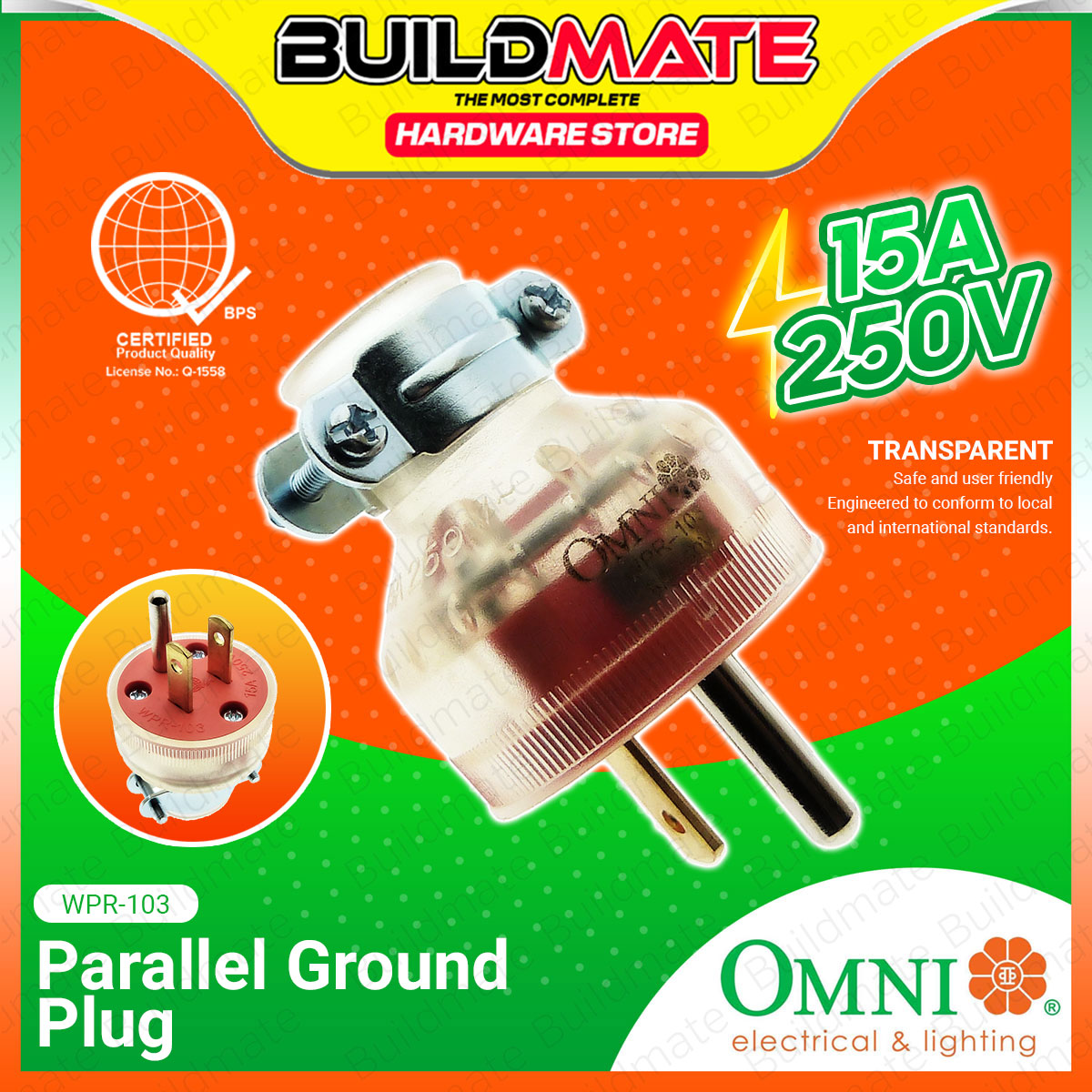 BUILDMATE Omni Electric Parallel Ground Rubber Plug Transparent 15A 25 ...