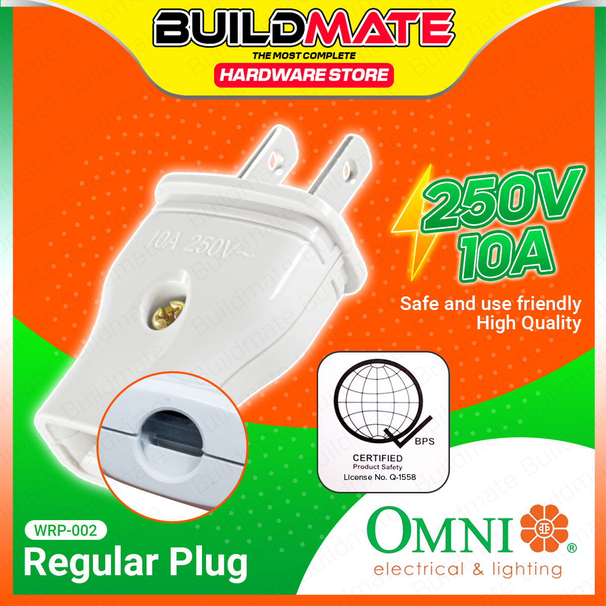 BUILDMATE Omni Regular Plug 10A 250V 2-Prong Household Power Cord AC O ...