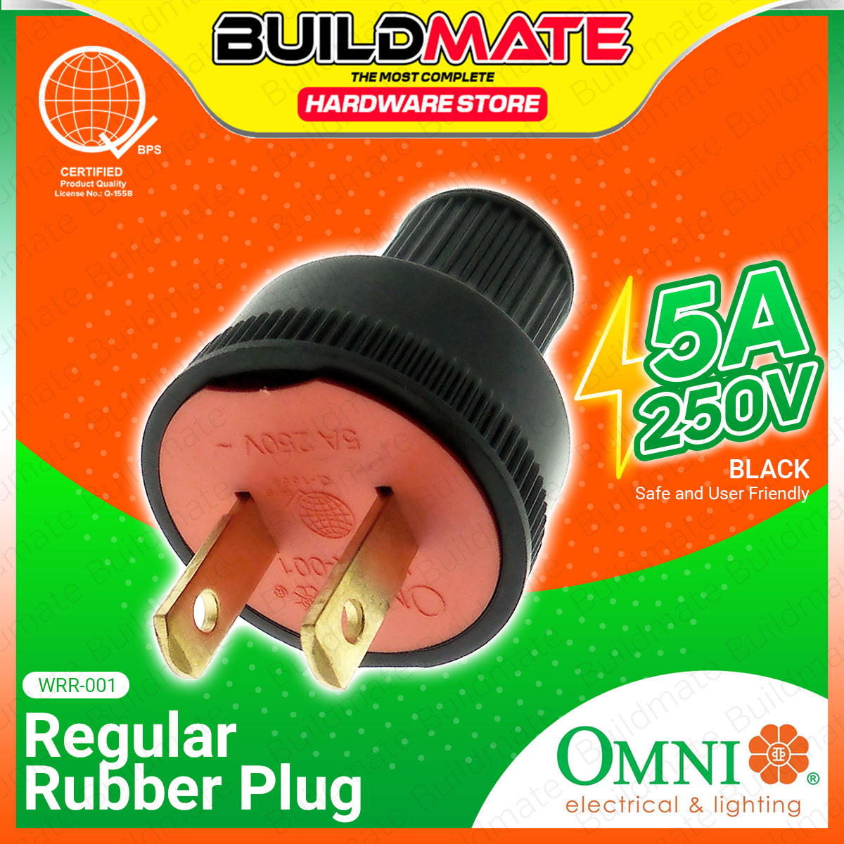 BUILDMATE Omni Regular Rubber Plug Black 5A 250V High Quality 2 Flat P ...