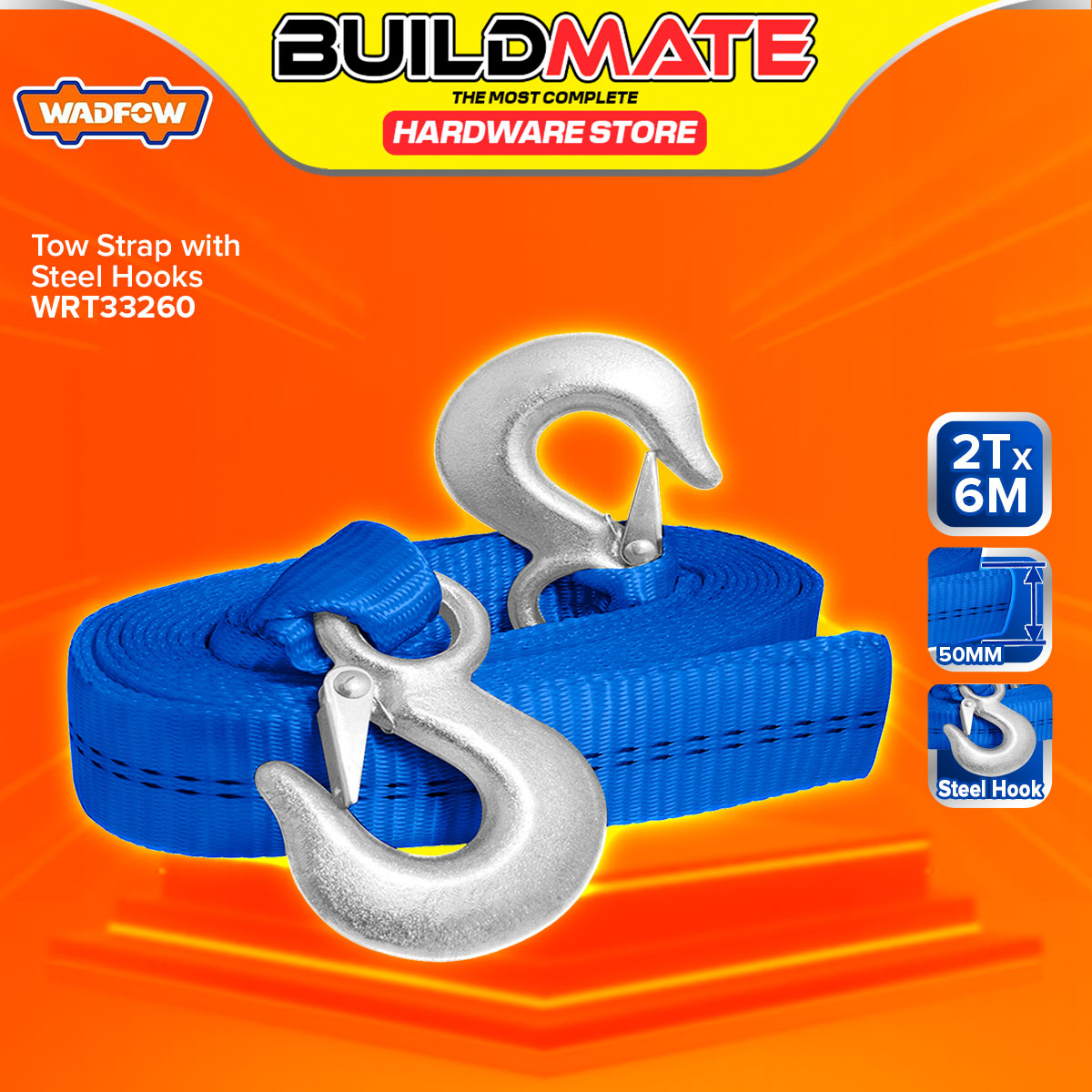 BUILDMATE Wadfow Tow Strap with Steel Hooks 2 Tons Heavy Duty Car Reco ...