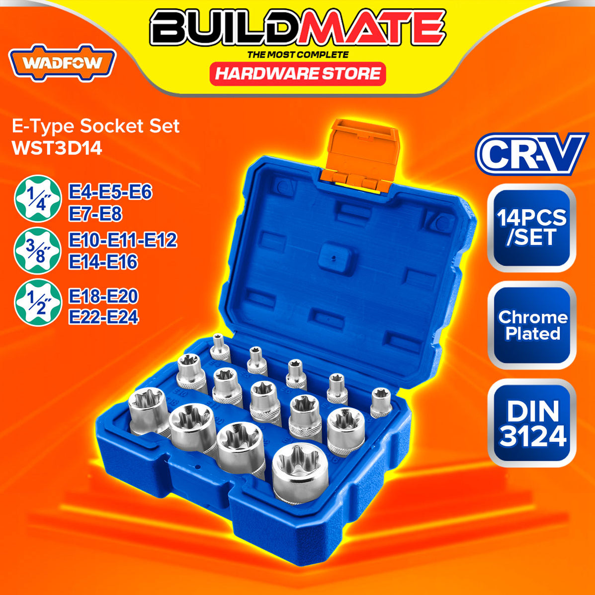 BUILDMATE Wadfow 14pcs E-Type Socket Set Chrome Plated External Torx S — Buildmate